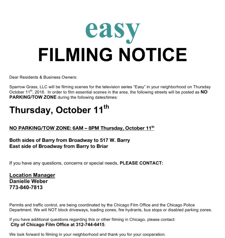 Filming Notice: “easy” | Alderman Bennett Lawson – 44th Ward Chicago