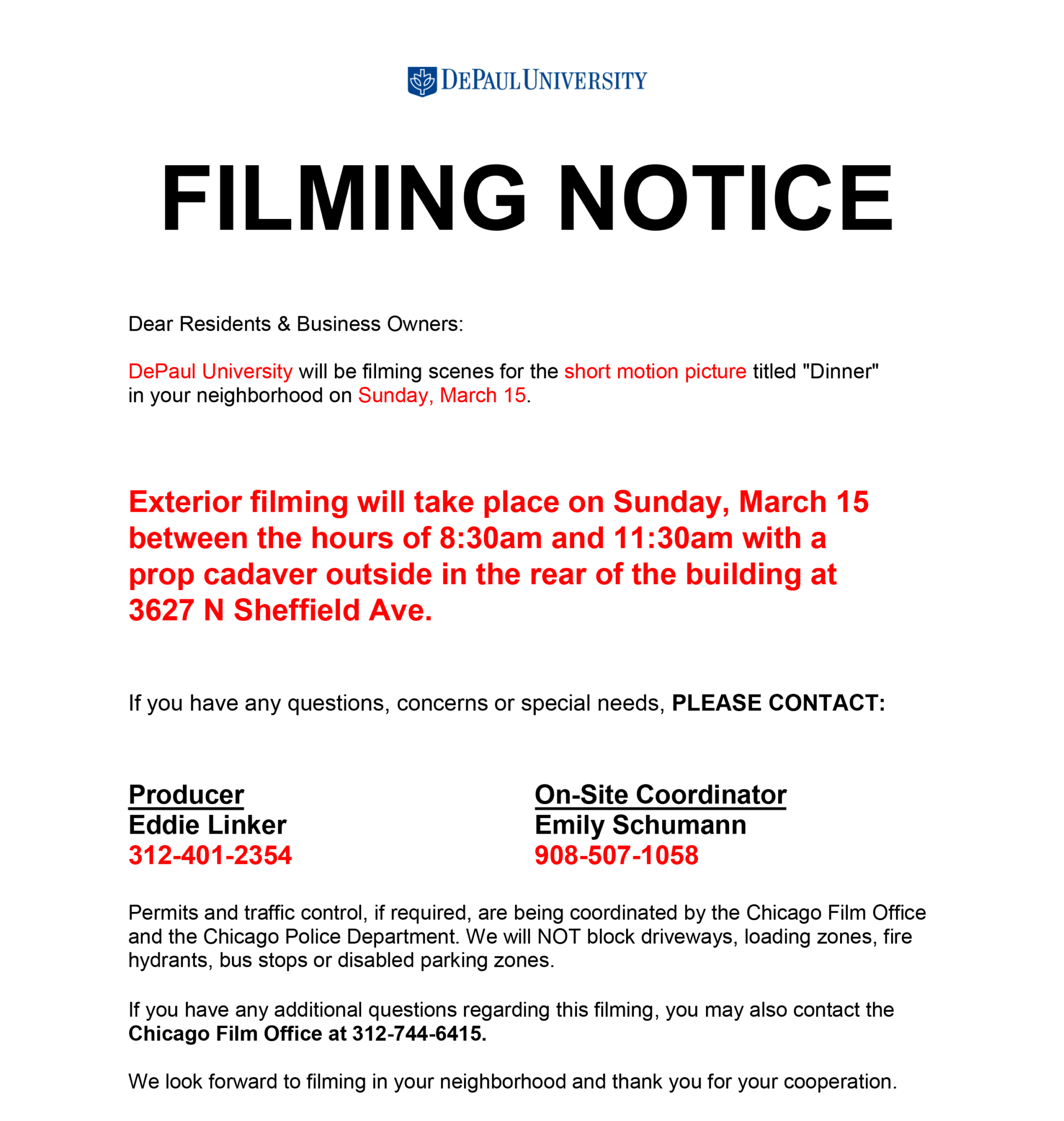 FILMING NOTICE: 3627 N. Sheffield Avenue | Alderman Bennett Lawson ...