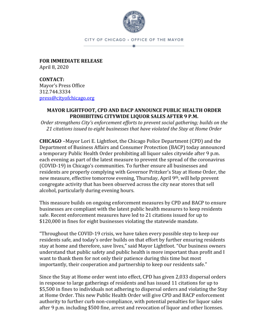 MAYOR LIGHTFOOT, CPD AND BACP ANNOUNCE PUBLIC HEALTH ORDER PROHIBITING ...