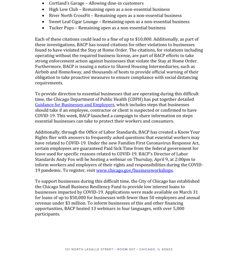 MAYOR LIGHTFOOT, CPD AND BACP ANNOUNCE PUBLIC HEALTH ORDER PROHIBITING ...