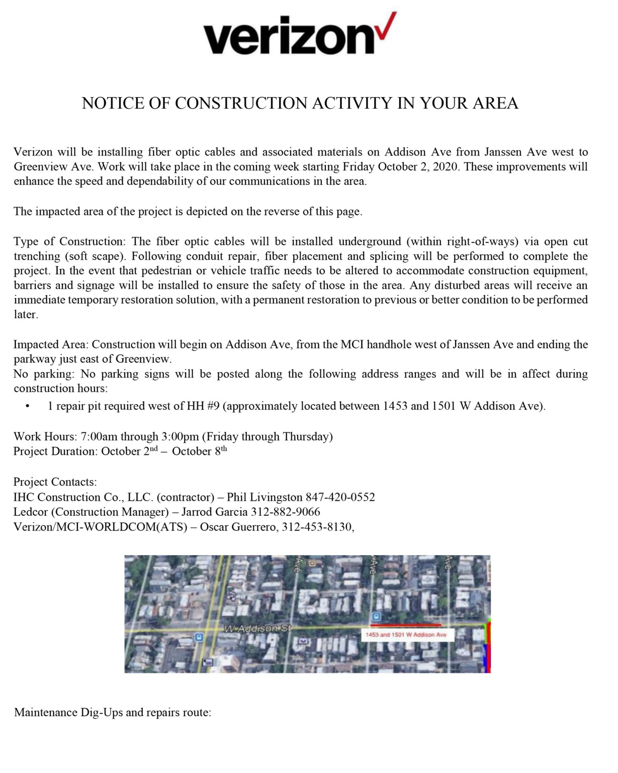 VERIZON NOTICE OF CONSTRUCTION: 1453 & 1501 W. ADDISON | Alderman ...