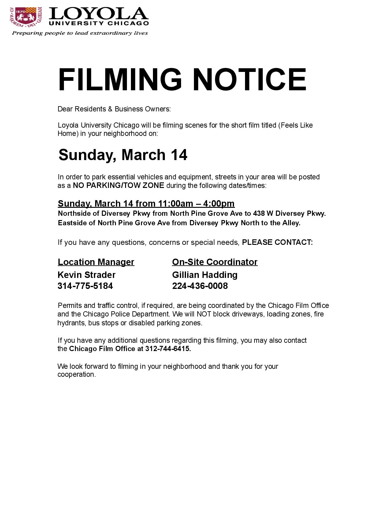 Film Notice for Diversey | Alderman Bennett Lawson – 44th Ward Chicago