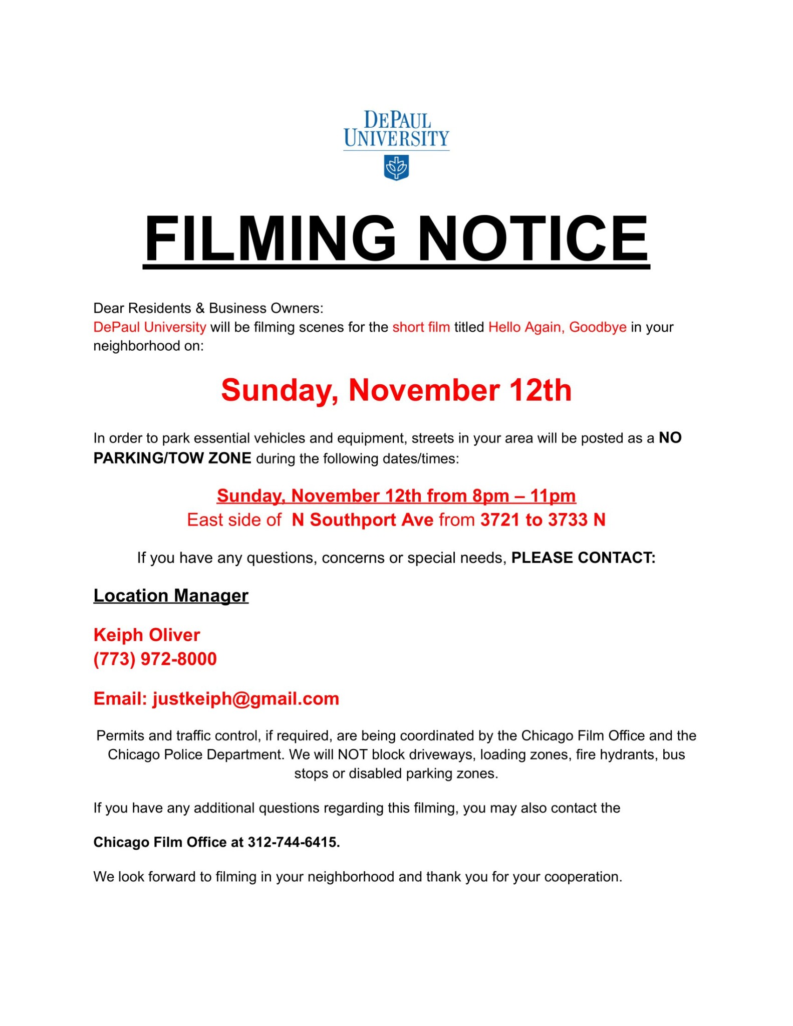 Filming Notice | Alderman Bennett Lawson – 44th Ward Chicago